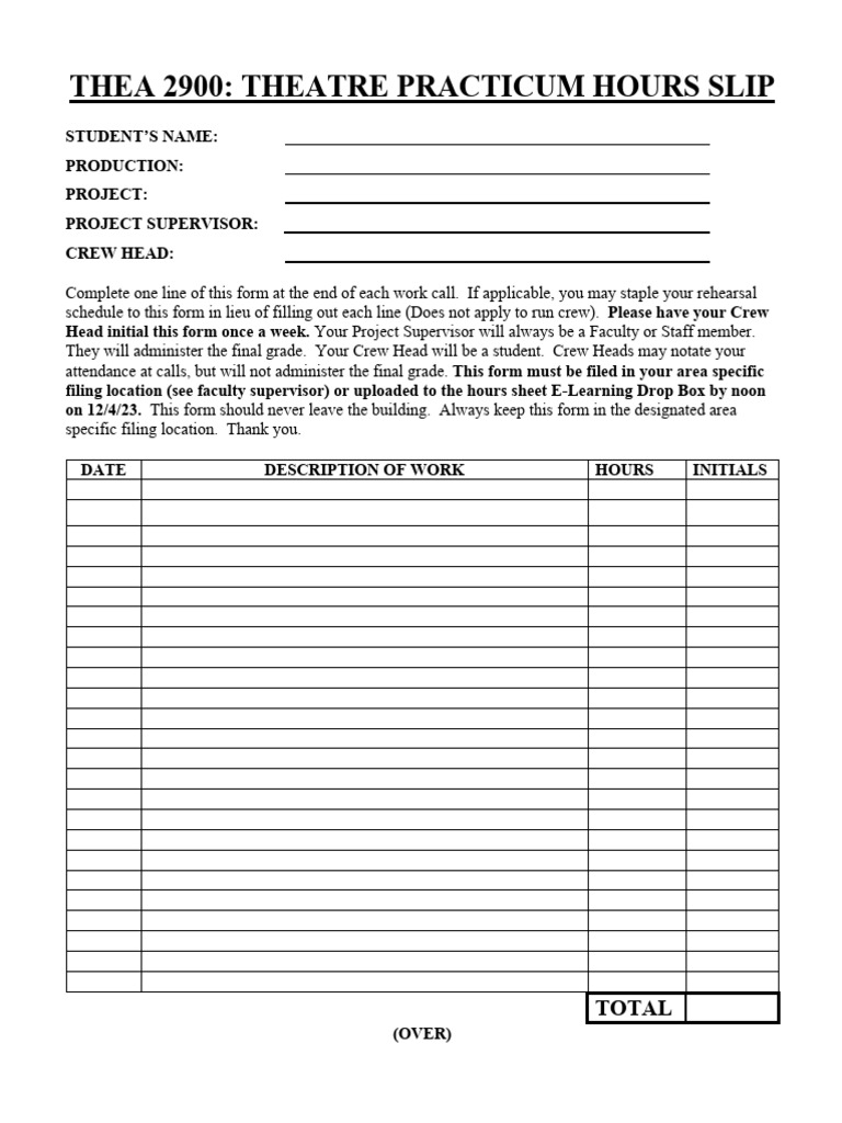 Hours Sheet Side 1 Blank F 23 | PDF