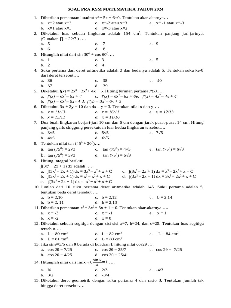 Soal Pra KSM Matematika Tahun 2024 | PDF