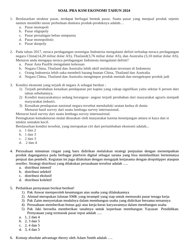 Soal Pra KSM Ekonomi Tahun 2024 | PDF