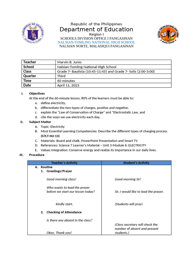 DLP Science Grade 7 Electricity | PDF