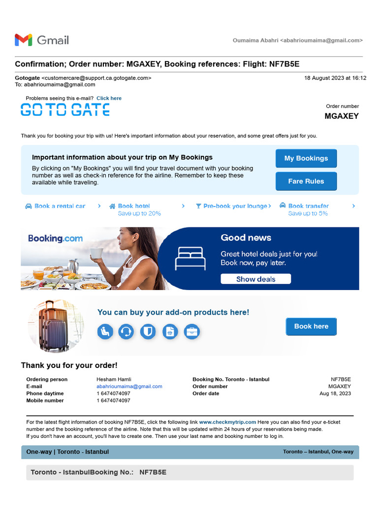 Confirmation Order Number: MGAXEY, Booking References: Flight: NF7B5E | PDF