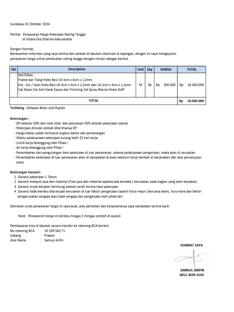 Penawaran Railing Tangga Vihara Eka Dharma Kakusandha | PDF