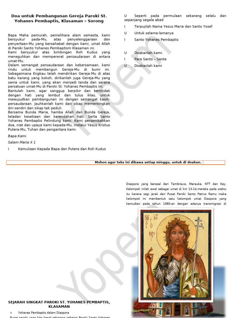 Doa Untuk Pembangunan Gereja Paroki St. Yohanes Pembaptis | PDF