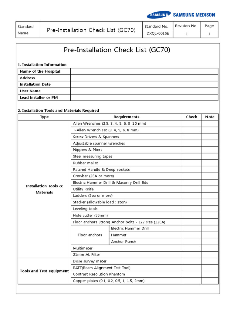 PRE INSTALLATION CHECKLIST (GC70) Rev1 2019.04.05 | PDF