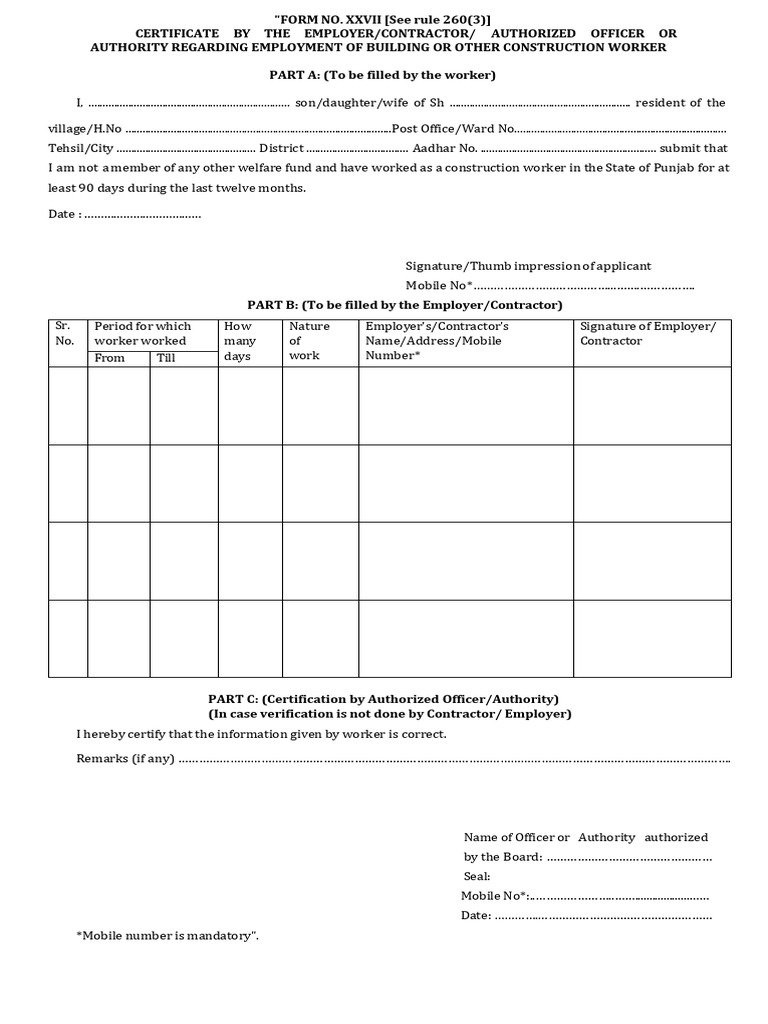 Labour Card Form No. 27 Punjab | PDF