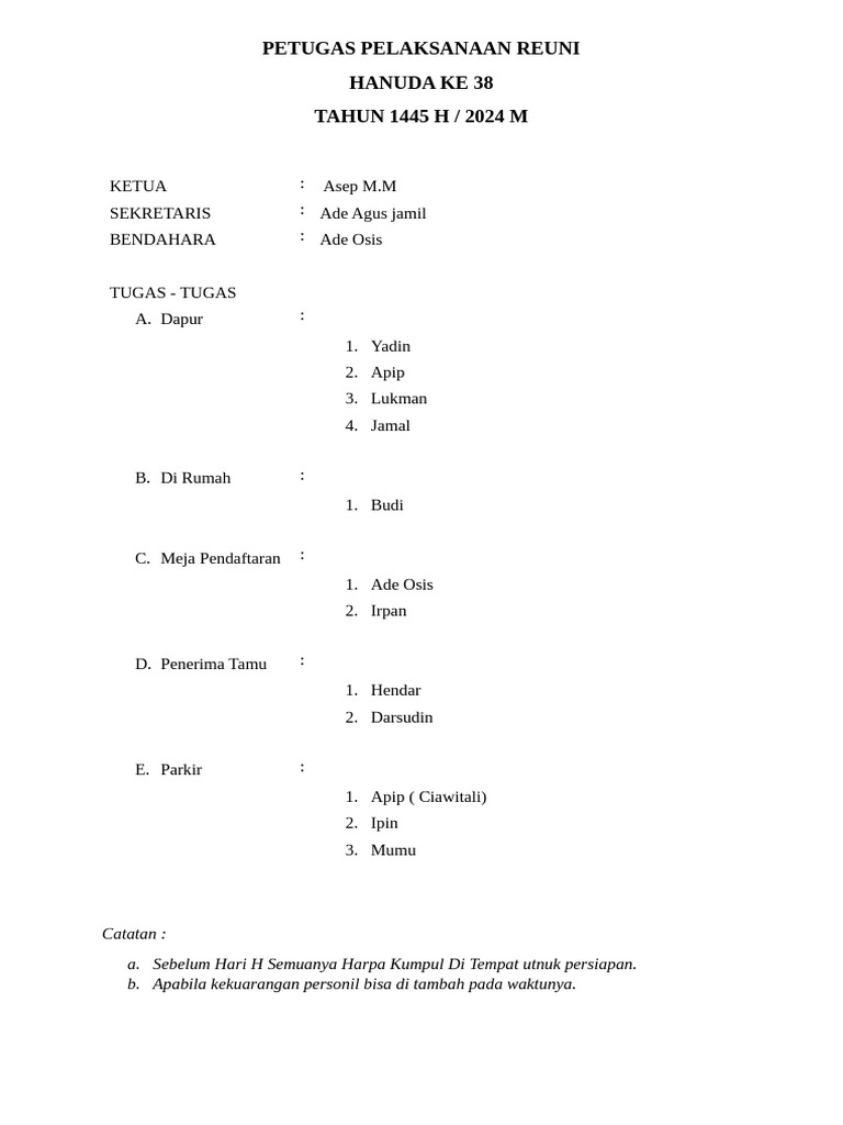 Jadwal Petugas Pelaksanaan Reuni Hanuda | PDF