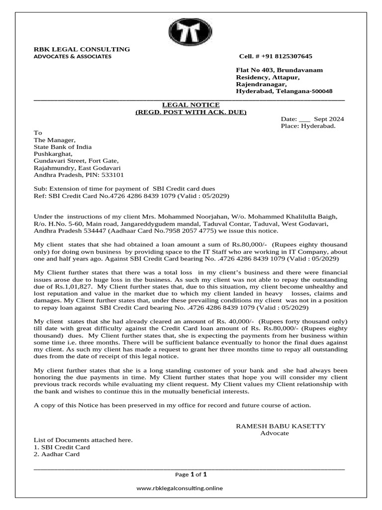 Legal Notice To SBI Bank Dt. 300924 Rev 00 | PDF | Credit Card ...