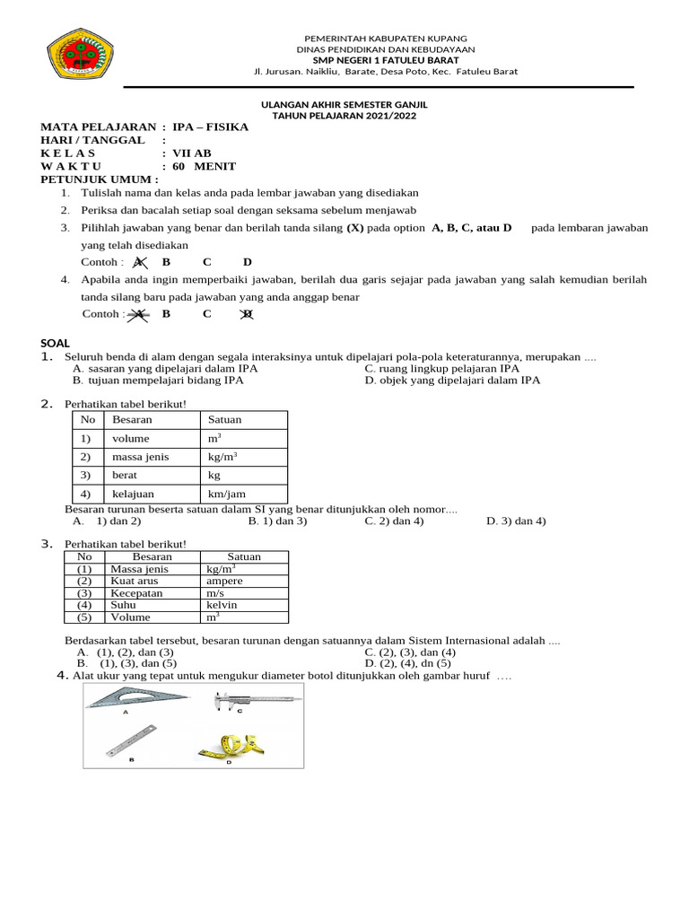Soal PTS Gan1 2021-Fis 7 | PDF