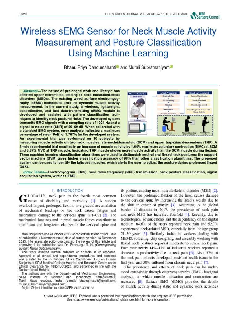 Wireless sEMG Sensor For Neck Muscle Activity Measurement and Posture Classification Using ...