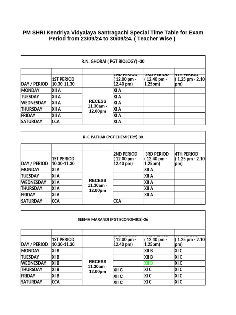 Special Time Table For Exam Period (23-09-24 To 30-09-24 | PDF