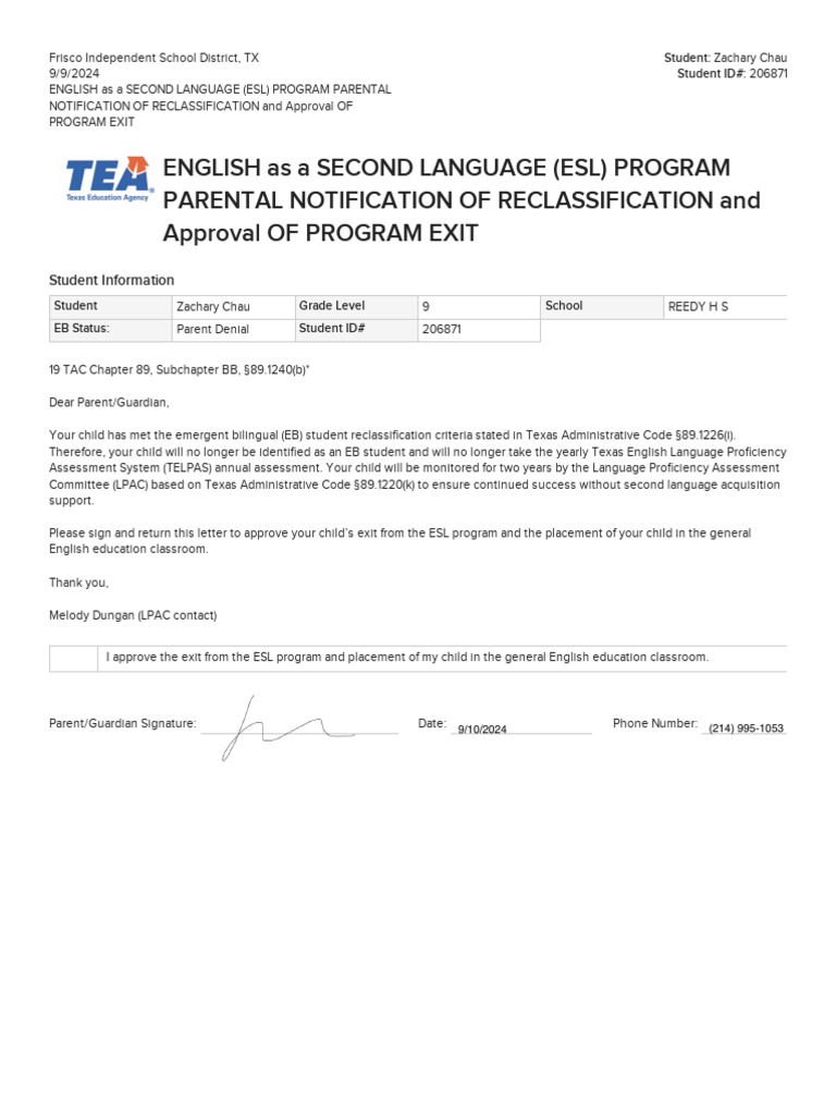 Z. Chau Reclass Letter | PDF