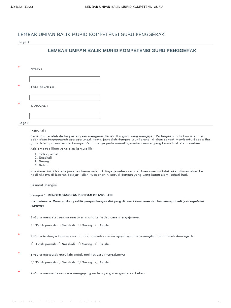 Lembar Umpan Balik Murid Kompetensi Guru Penggerak | PDF