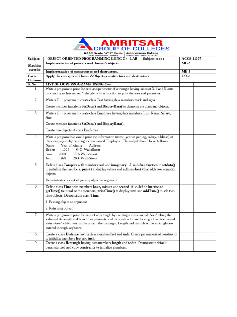 OOPs Program List | PDF
