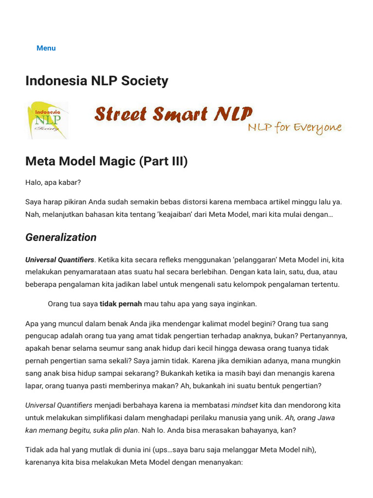 Meta Model Magic (Part III) - Indonesia NLP Society | PDF