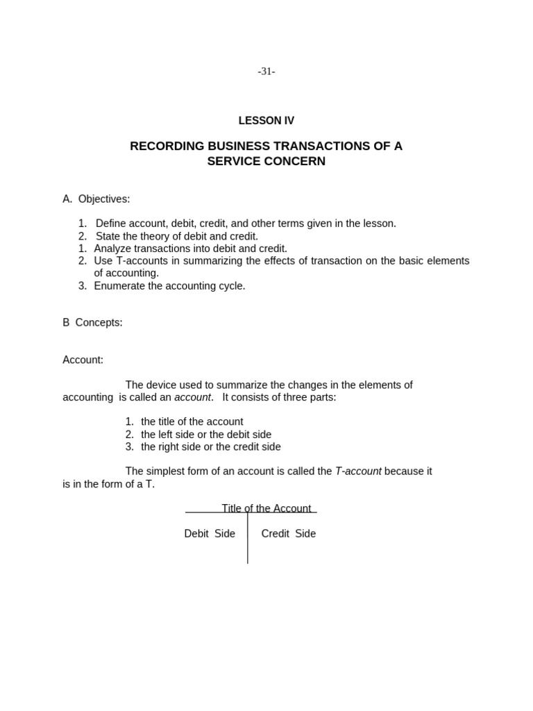 Lesson 4 Recording Business Transactiions of Service Concern | PDF