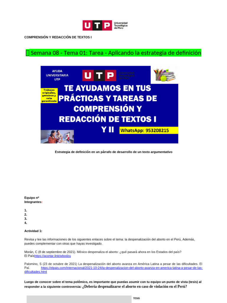 ? Semana 08 - Tema 01 Tarea - Aplicando La Estrategia de Definición | PDF