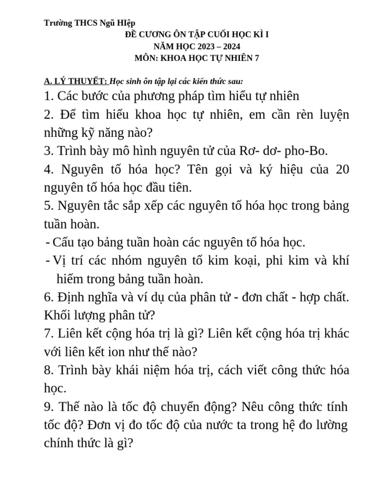 De Cuong On Tap Hoc Ki 1 Mon KHTN Lop 7 Nam 2023 2024 Truong Thcs Ngu Hiep Thanh Tri 3284 | PDF