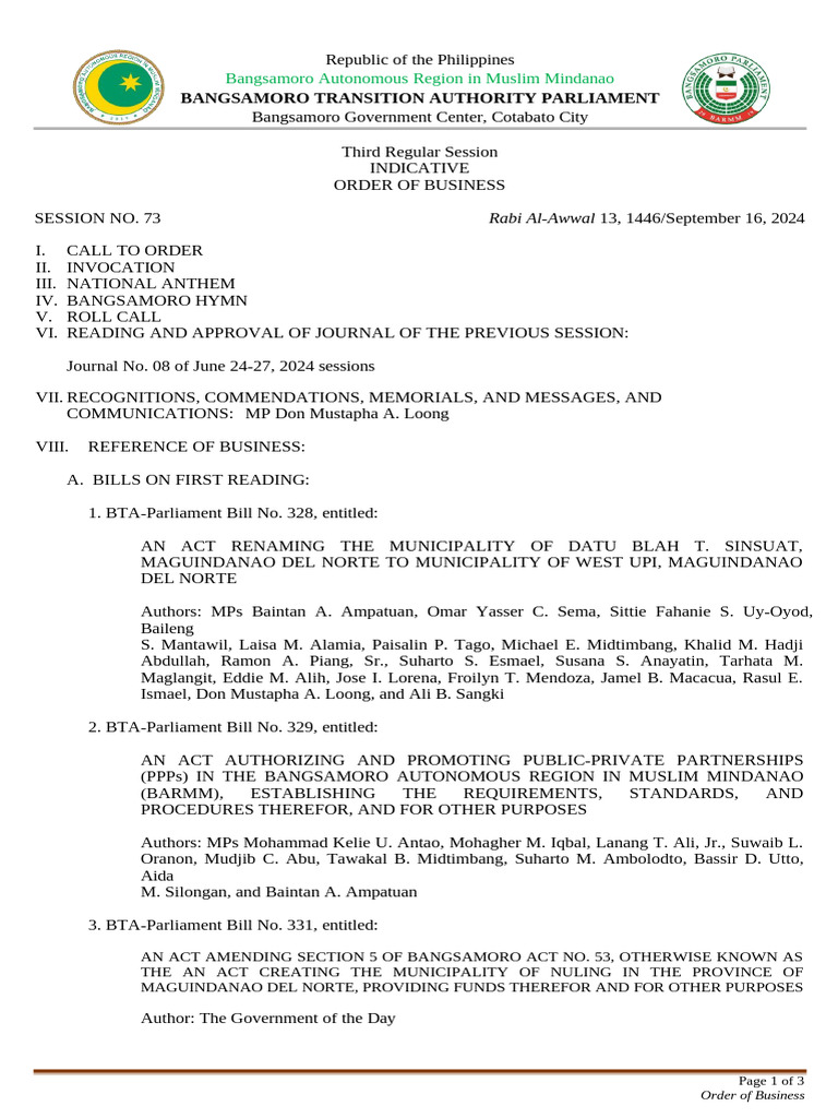 Order of Business No. 73 | PDF