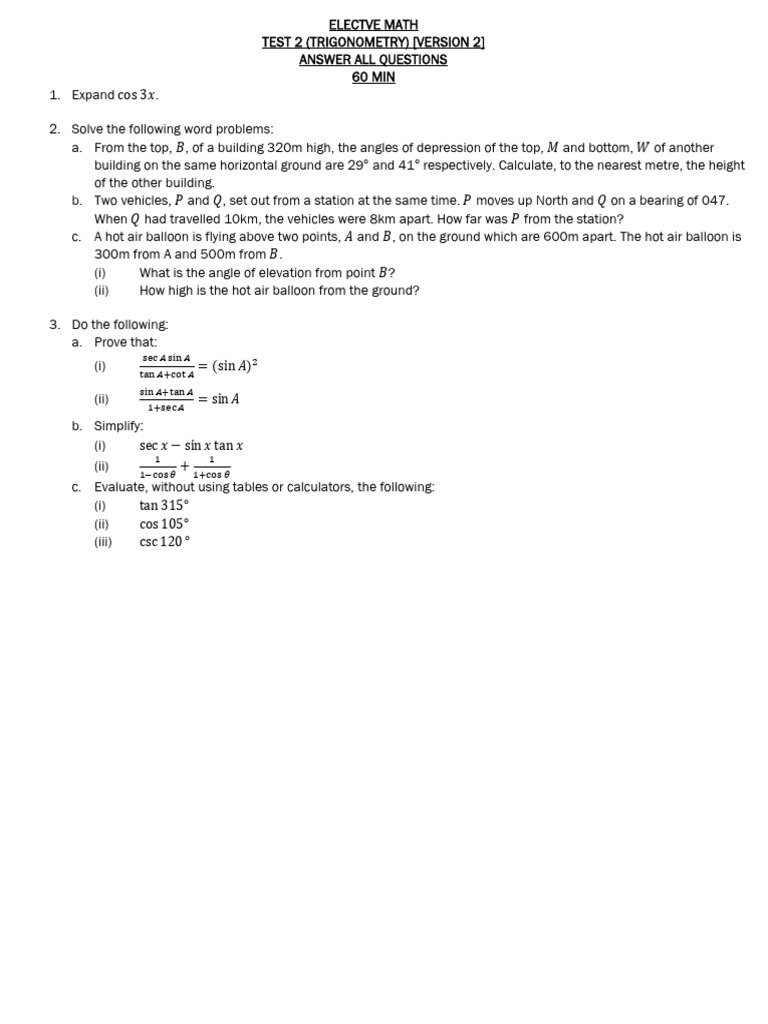 E MATH Test 2 v2 (TRIGONOMETRY) | PDF