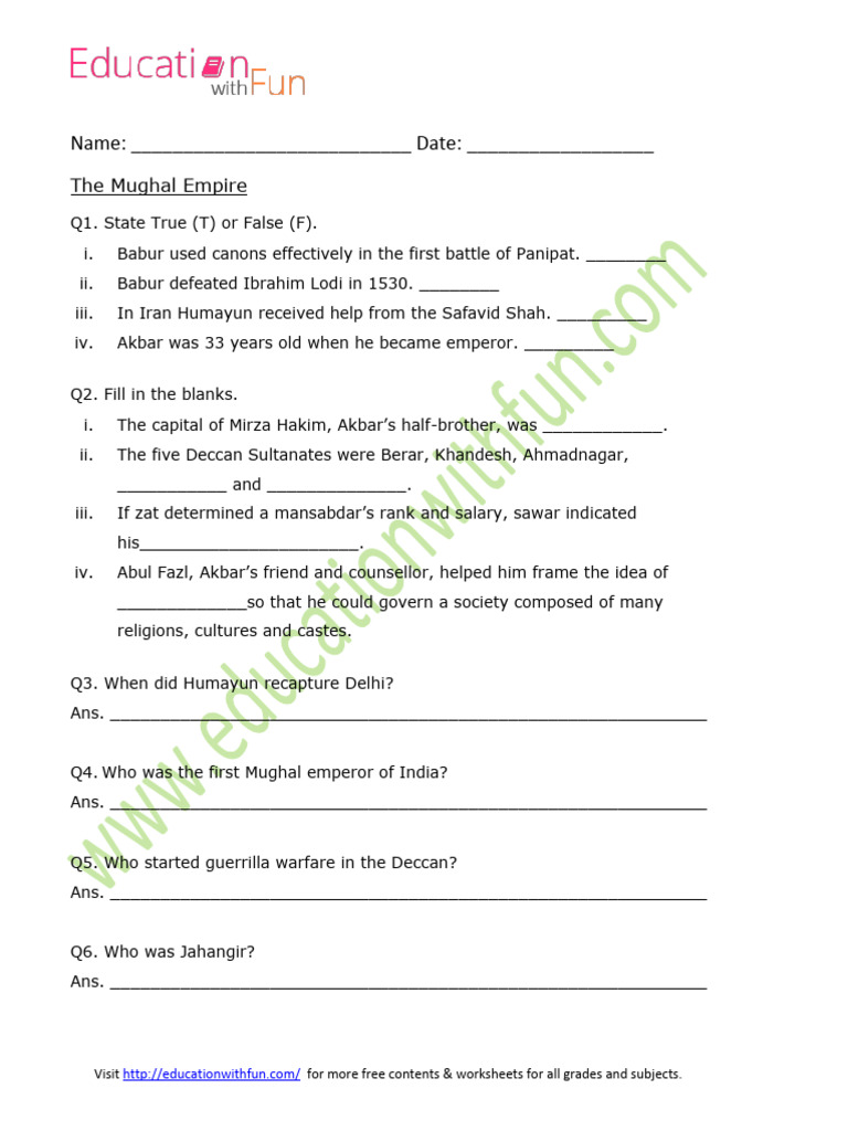 The Mughal Empire Worksheet 1 | PDF