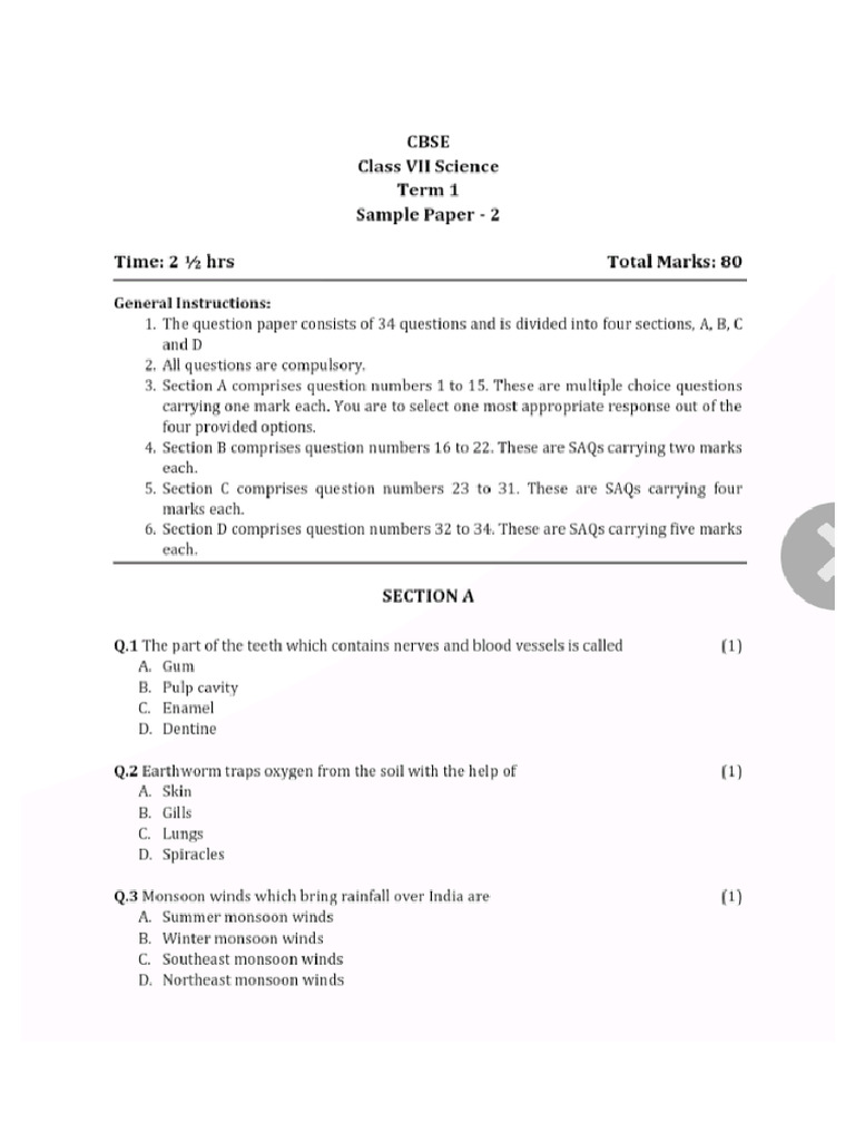 Science Class 7 Term 1 (Set A) | PDF