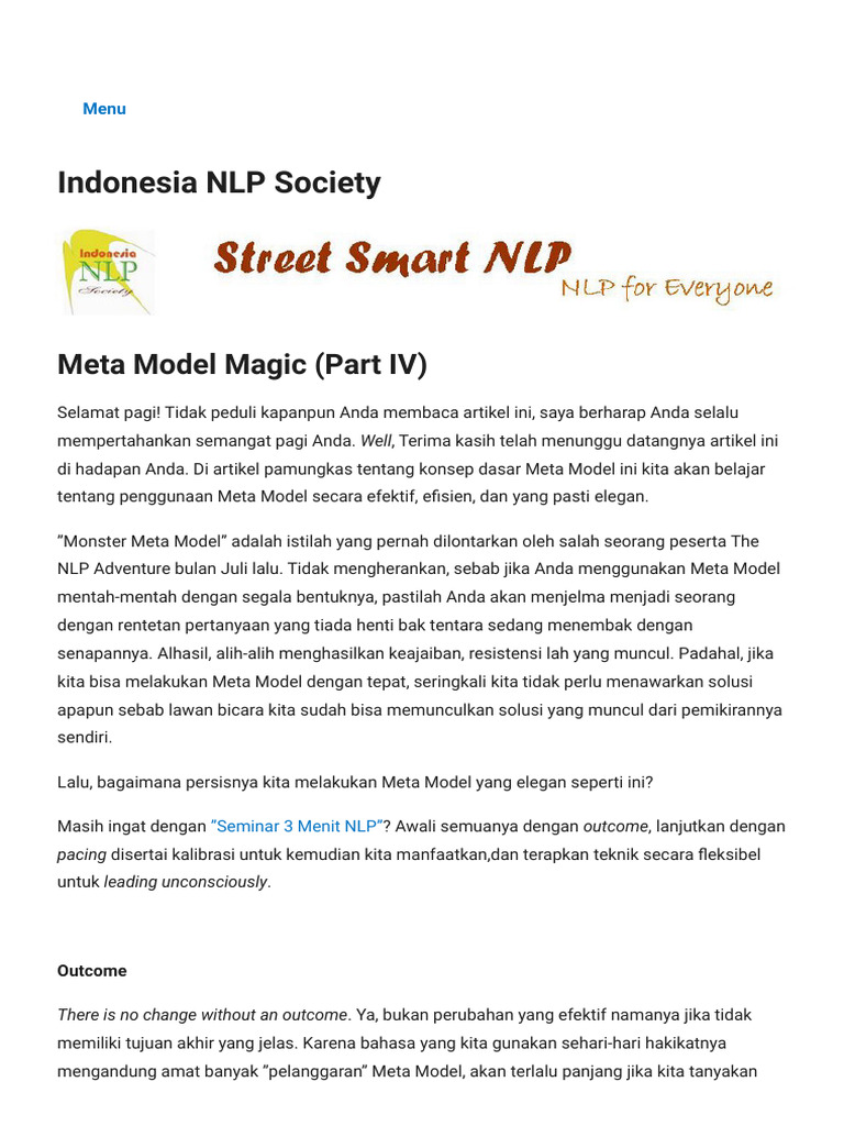 Meta Model Magic (Part IV) - Indonesia NLP Society | PDF