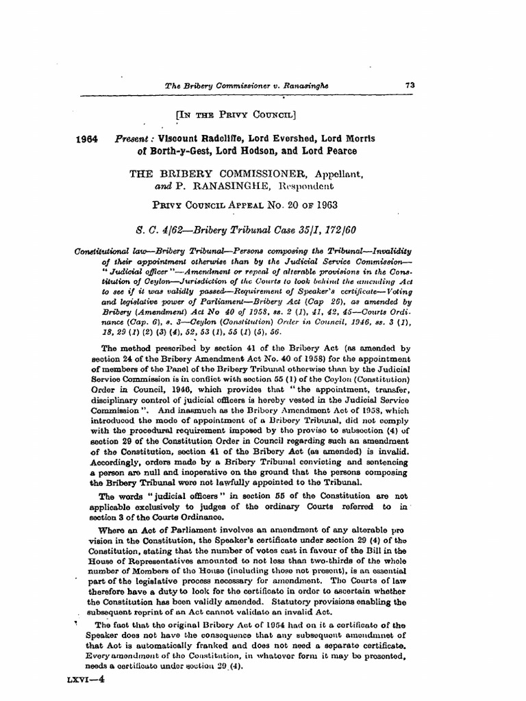 THE BRIBERY COMMISSIONER V P. RANASINGHE | PDF
