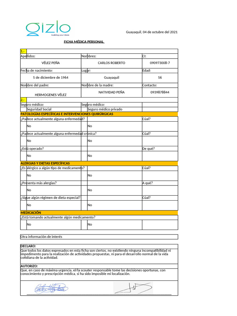 Ficha Médica Carlos Vélez | PDF