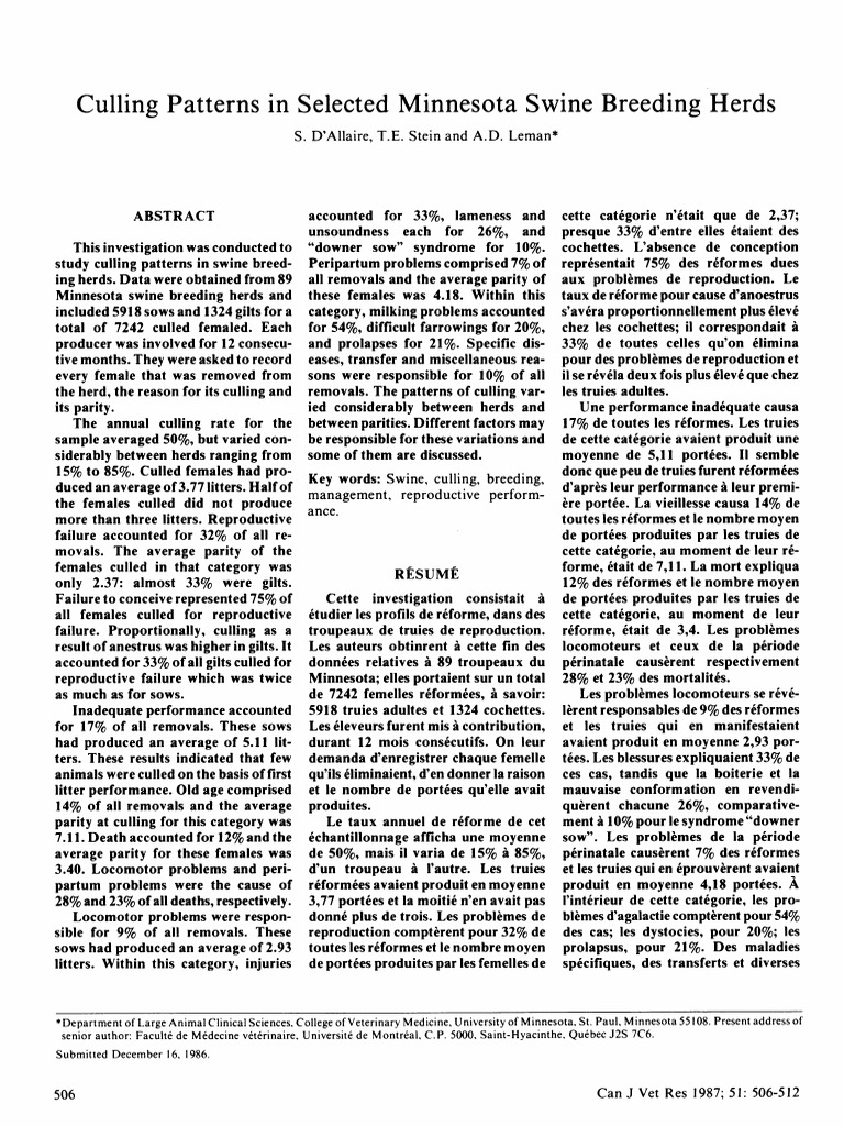 Culling Patterns in Selected Minnesota Swine Breeding Herds | PDF