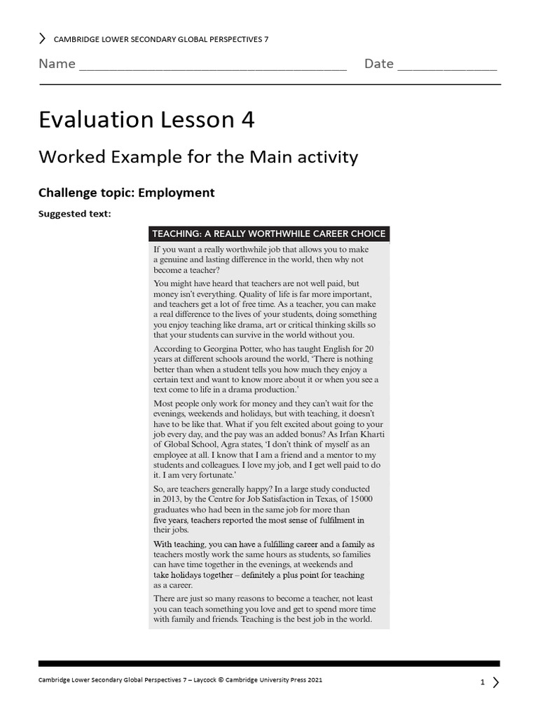 Evaluation Lesson 4 Worked Example For The Main Activity | PDF | Teachers | Social Psychology