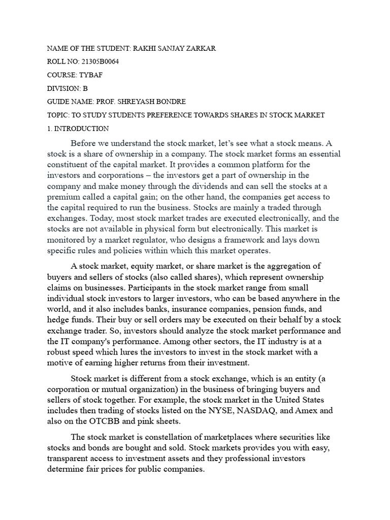 Project On: TO STUDY STUDENTS PREFERENCE TOWARDS SHARES IN STOCK MARKET ...