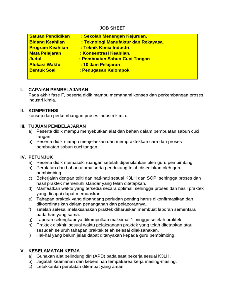 Job Sheet Sabun Cuci Tangan | PDF