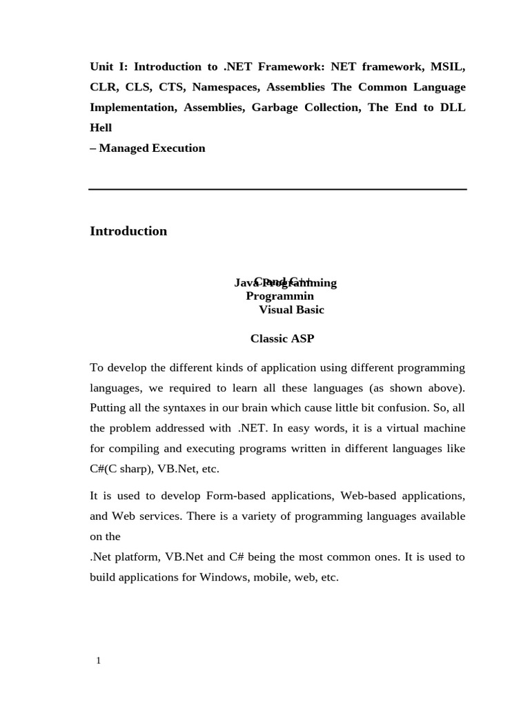Unit 1 Intro To Dot Net | PDF