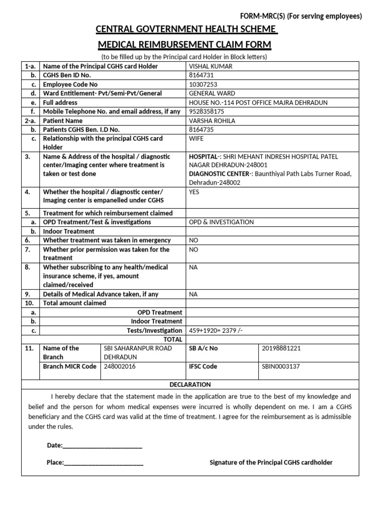 Cghs Claim Form FINAL | PDF