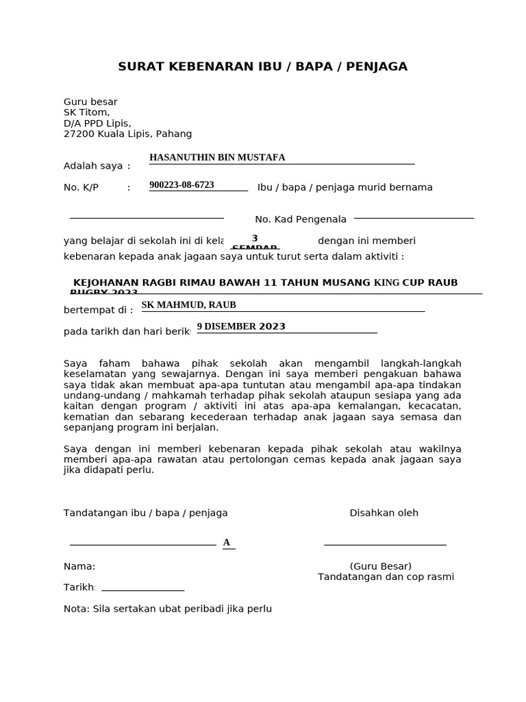 Surat Kebenaran Ibu Bapa | PDF