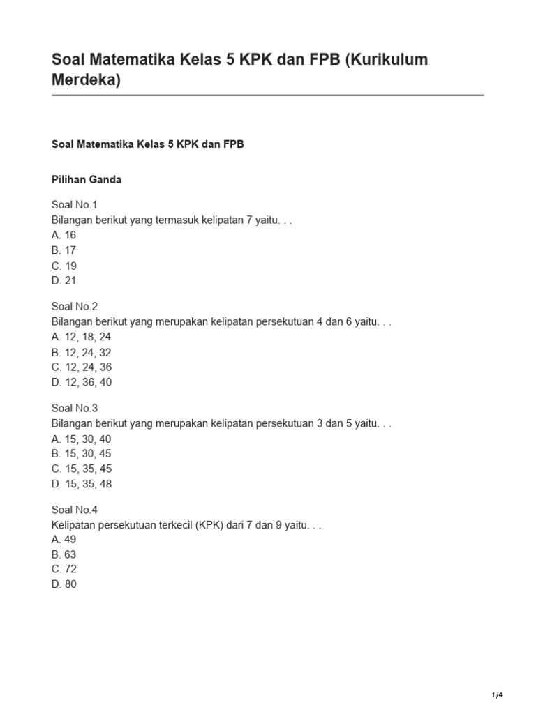 Lat Soal - Matematika Kelas 5 KPK Dan FPB | PDF