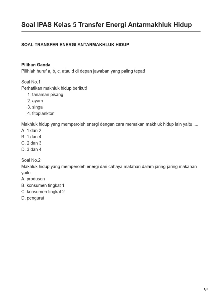 Lat Soal-IPAS Kelas 5 Transfer Energi Antarmakhluk Hidup | PDF