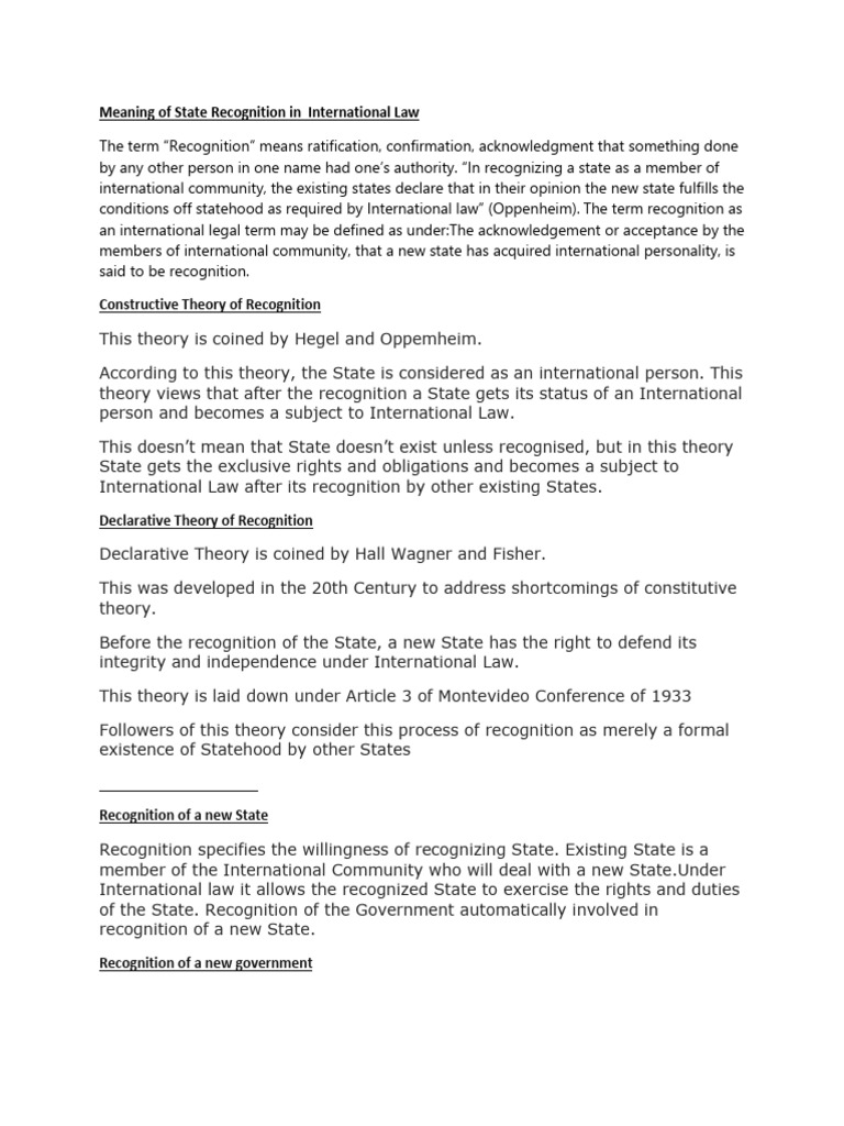Meaning of State Recognition in International Law | PDF
