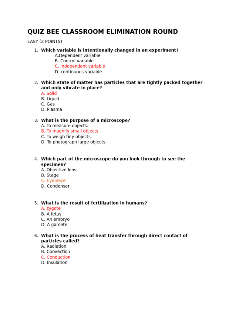 Quiz Bee Questions Class Elimination Round | PDF
