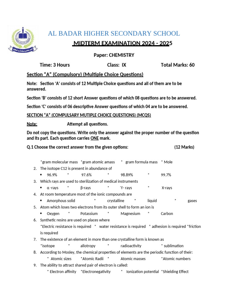 Chemistry Midterm Paper IX | PDF