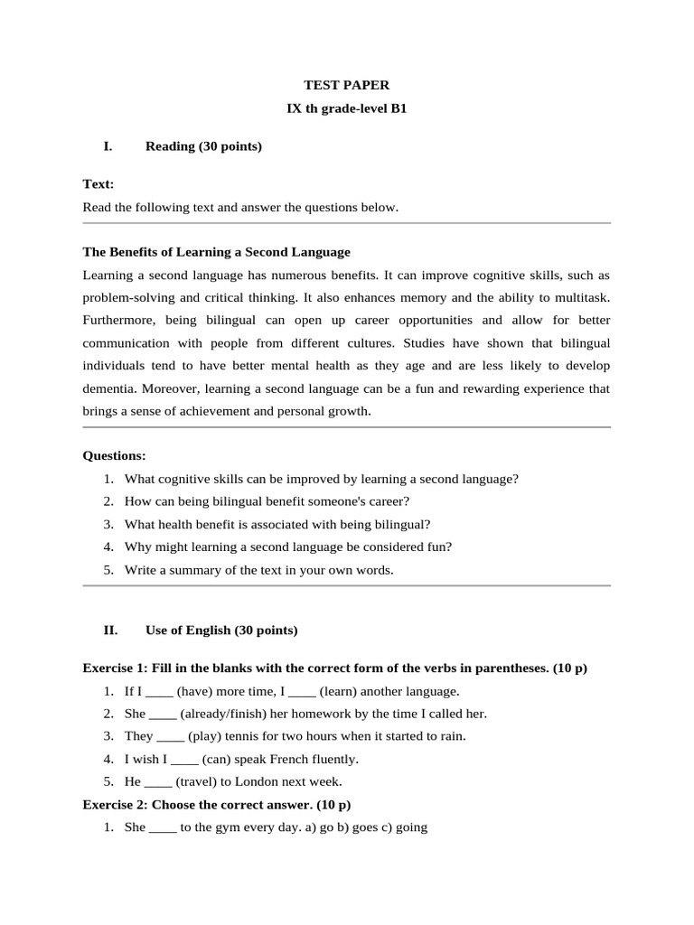 b1 Test Paper Marking Scheme | PDF | Second Language | Language Arts ...