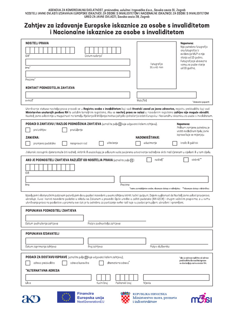 Zahtjev Za Izdavanje Europske Iskaznice Za OSI I Nacionalne Iskaznice ...