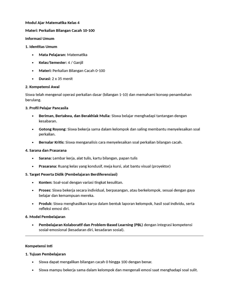 Modul Ajar Matematika Kelas 4 PSE | PDF | Pengembangan Diri | Sains & Matematika