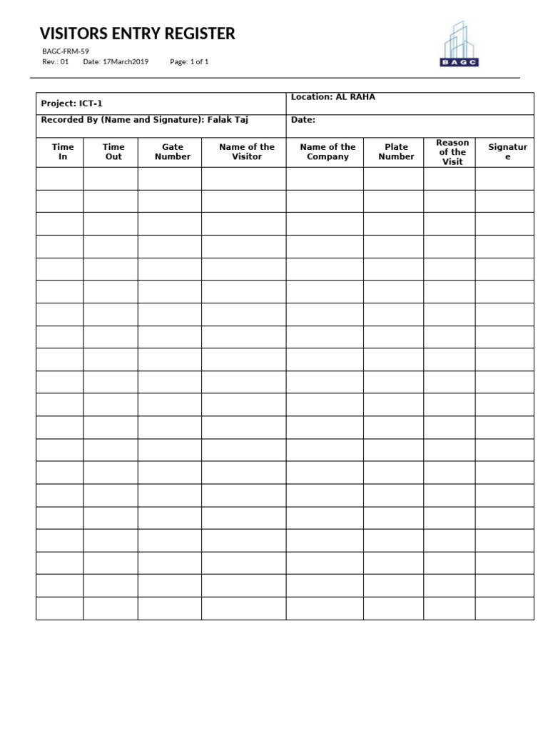 BAGC-FRM-59 (Visitors Entry Register) | PDF