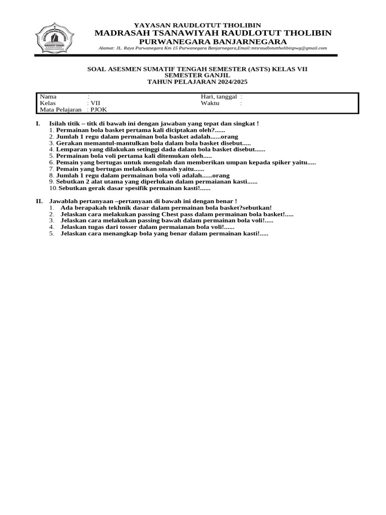 Form Soal Asts 7 Ganjil 24-25 | PDF