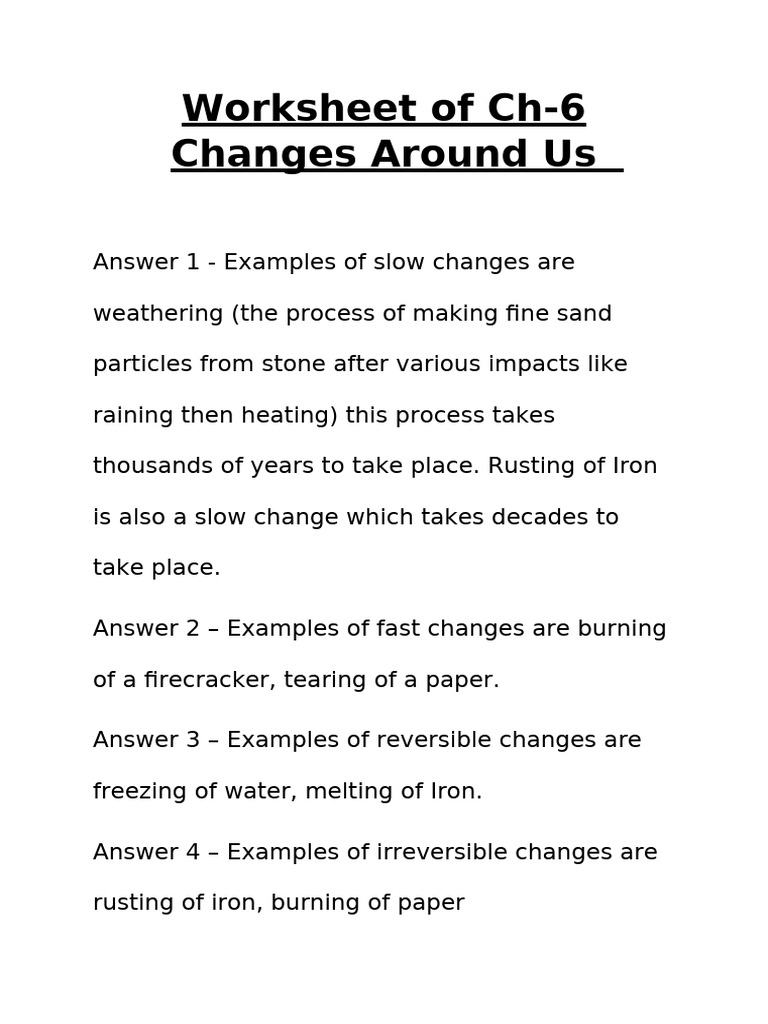Worksheet of CH 6 Changes Around Us (Compelete) | PDF Worksheet of CH 6 Changes Around Us (Compelete) | PDF