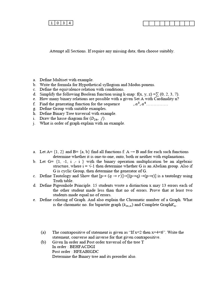 Btech Cs 3 Sem Discrete Structure and Graph Theory ncs302 2018 | PDF