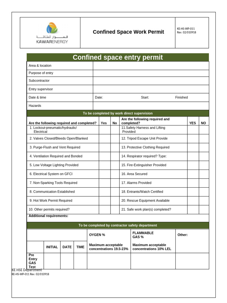 Confined Space Work Permit Form | PDF | Safety | Occupational Safety ...