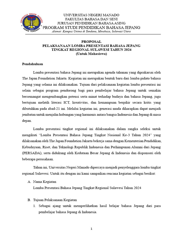 Proposal Lomba Presentasi Bahasa Jepang Tingkat Regional Sulawesi 2024 | PDF