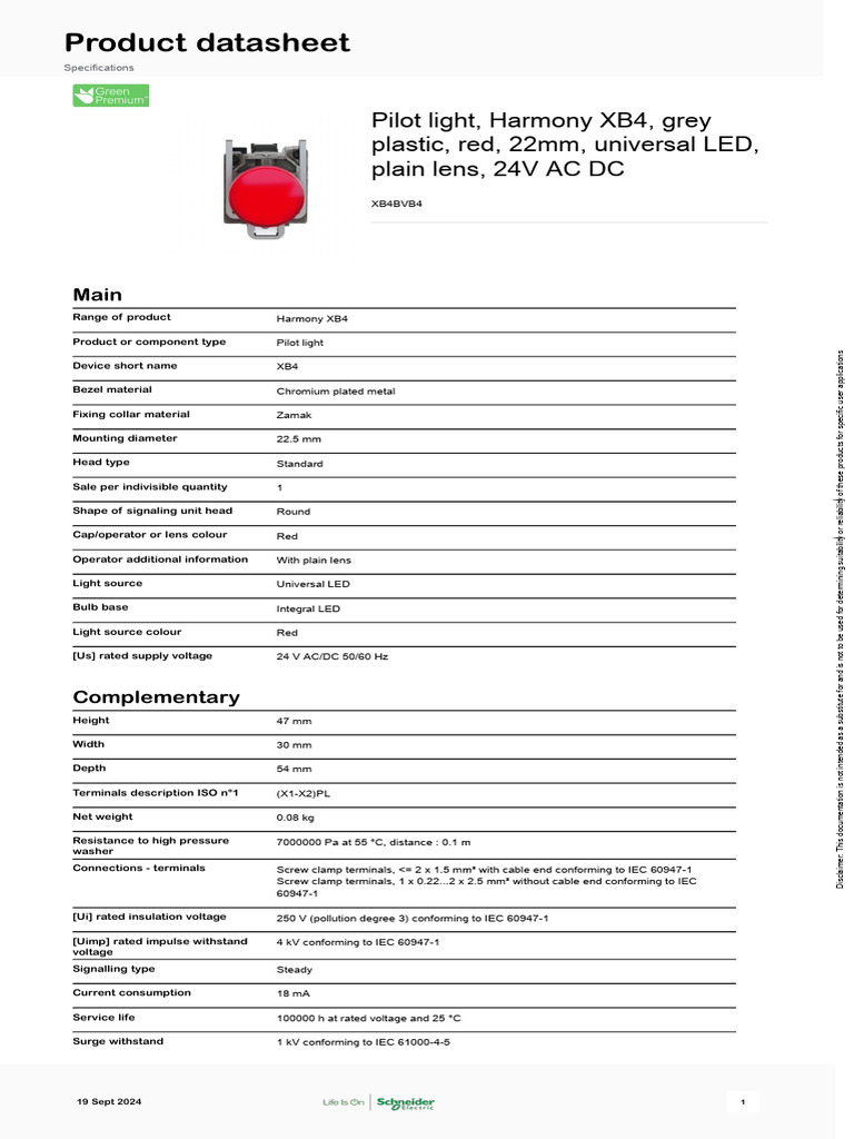 Schneider Electric Harmony-XB4 XB4BVB4 | PDF